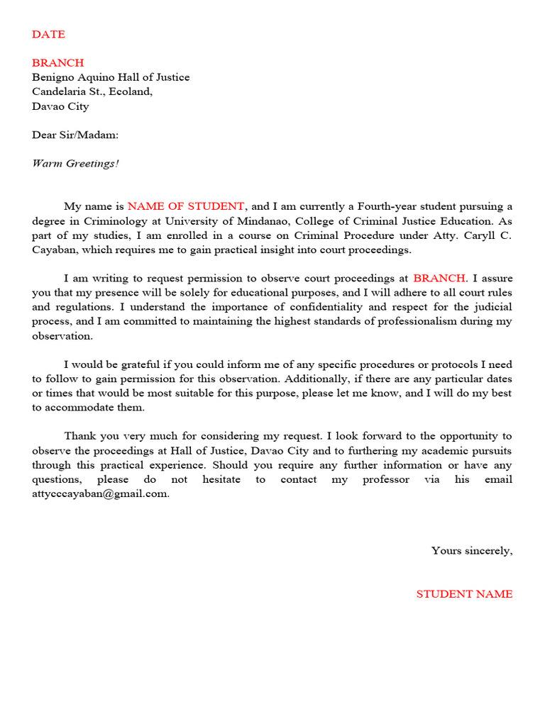 Court Observation Request Letter | PDF | Wellness