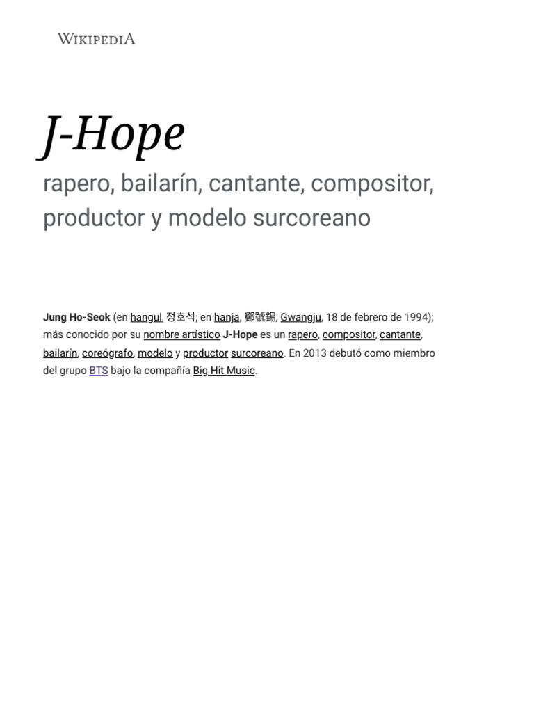 J-Hope - Wikipedia, La Enciclopedia Libre | PDF | Industria de la música