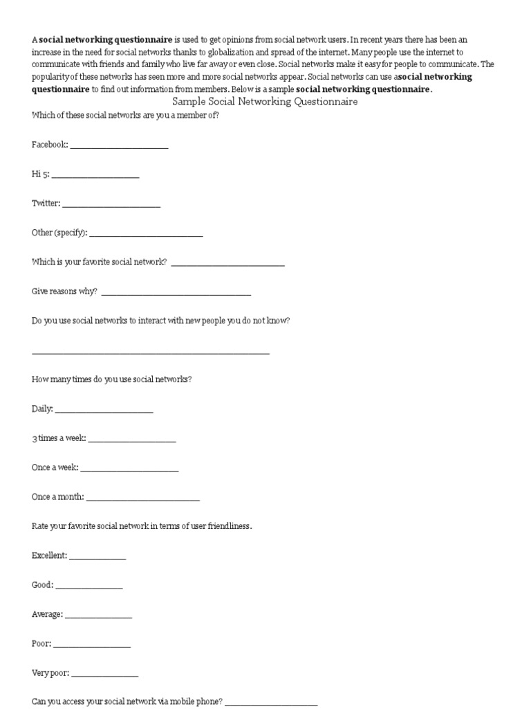 Sample Social Networking Questionnaire Pdf Handbag Social Networking Service