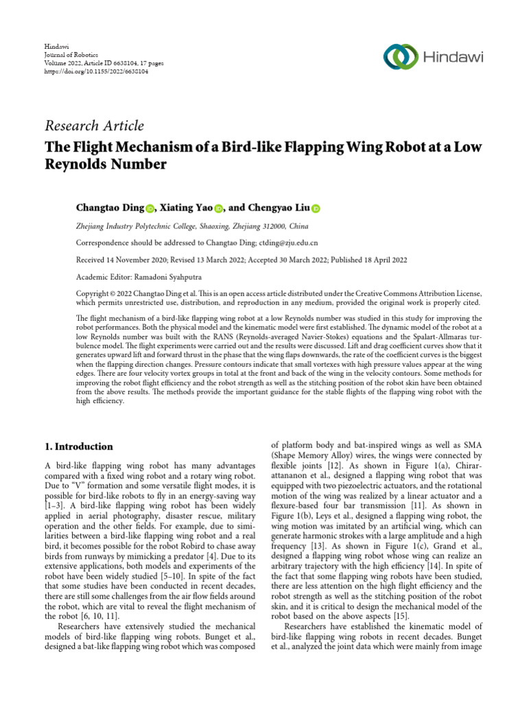 2022 The Flight Mechanism of A Bird-Like FlappingWing Robot at A Low ...