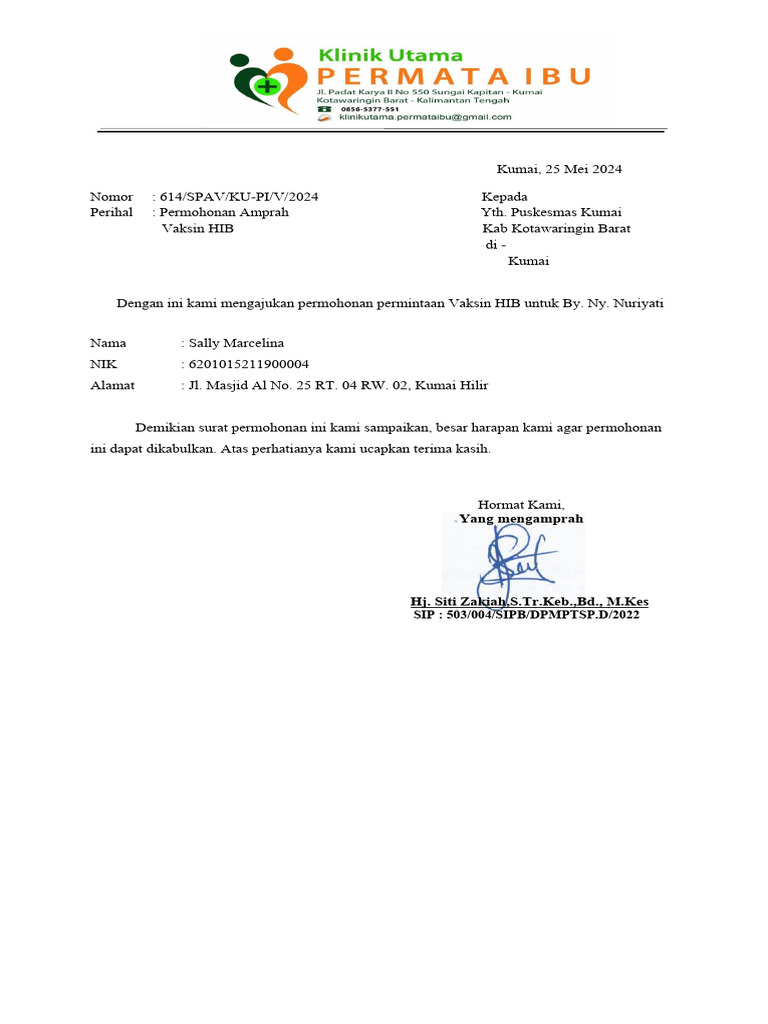 Surat Permohonan Amprah Vaksin Hib | PDF