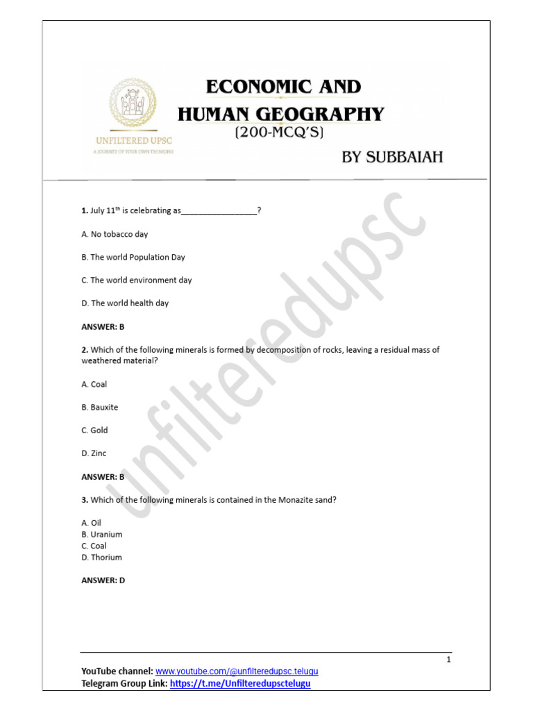 Economic and Human Geography 200-MCQ's by Unfilteredupsc | PDF