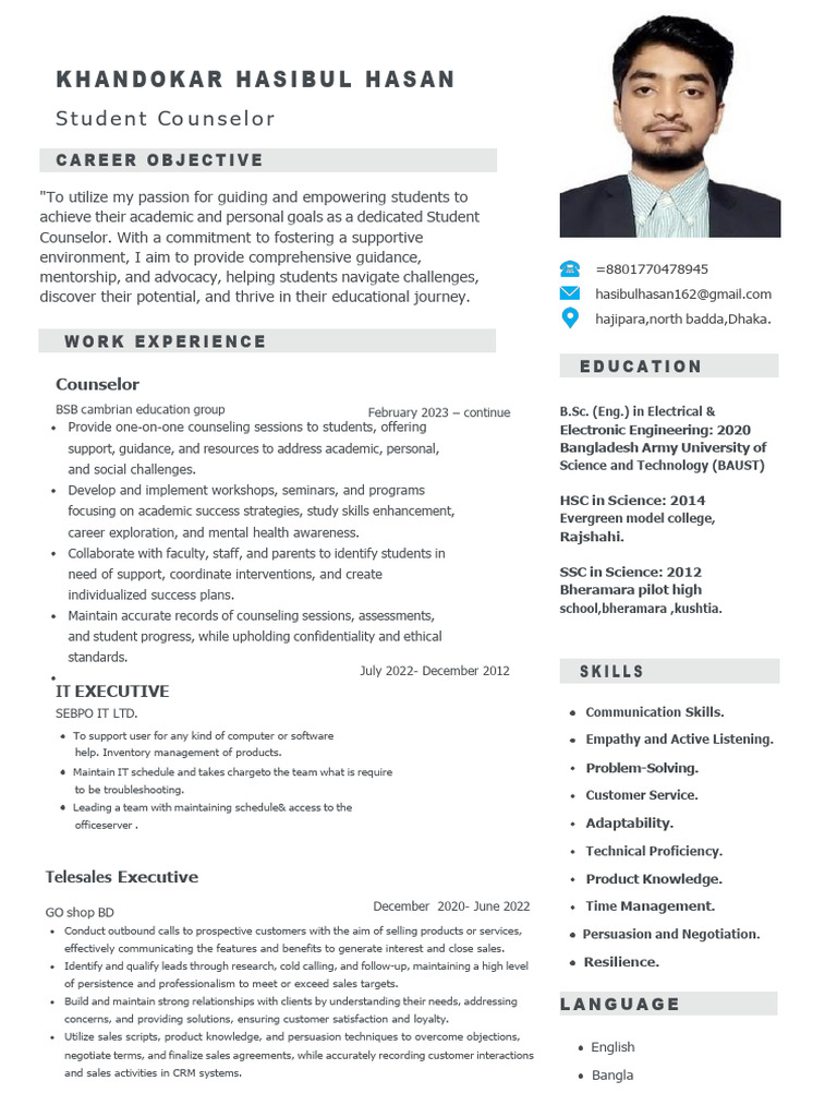 CV of Khandokar Hasibul Hasan | PDF | Sales | School Counselor