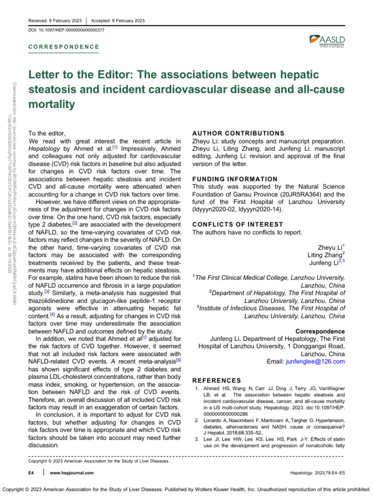 Letter To The Editor The Associations Between.30 | PDF | Cardiovascular ...