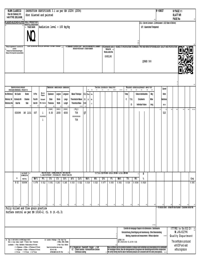 INSPECTION CERTIFICATE 3.1 As Per EN 10204 (2004) Shot Blasted and Painted | PDF