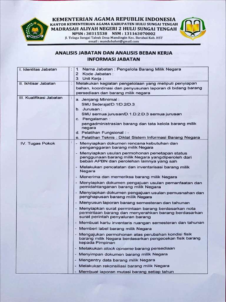 Analisis Jabatan Dan Analisis Beban Kerja - MAN 2 HST | PDF