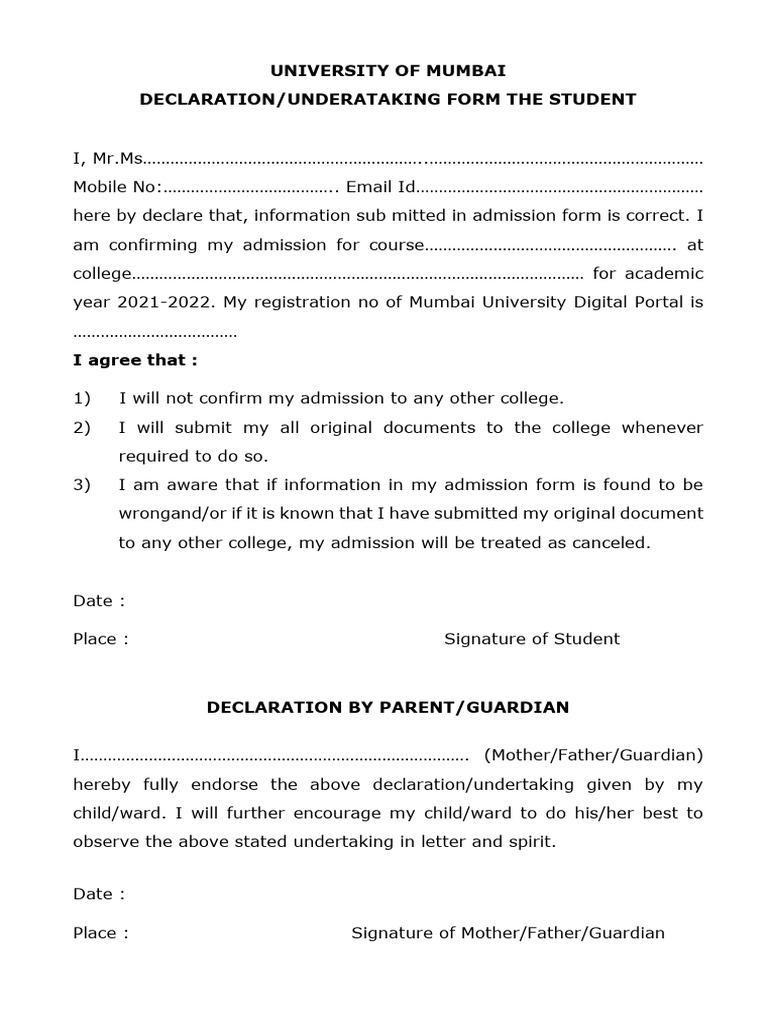 University of Mumbai Undertaking Form The Students | PDF | Wellness