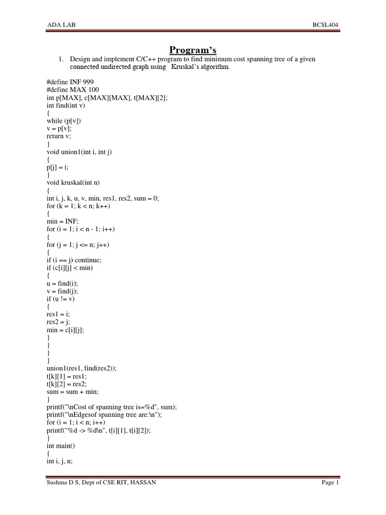 ADA LAB BCSL404 Manual CSE | PDF | Combinatorics | Computer Programming