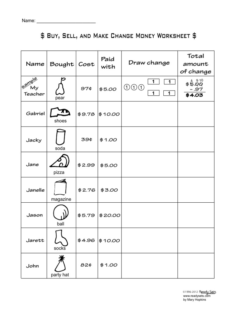 Buy, Sell, and Make Change Worksheet | PDF