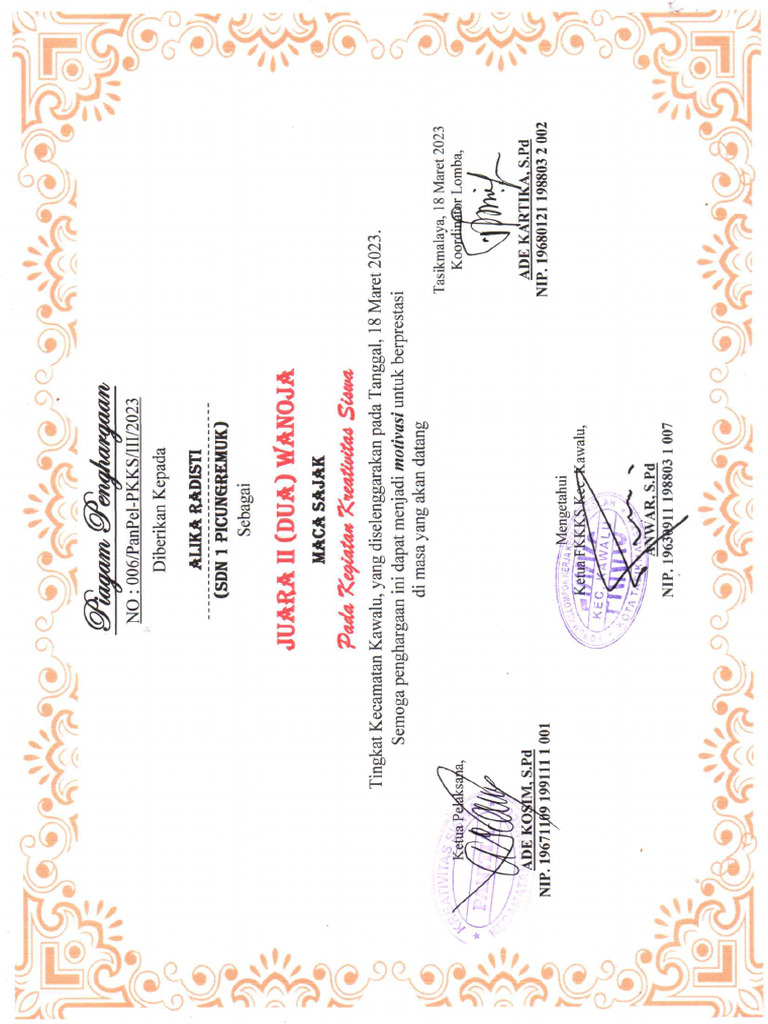 Juara 2 Se-Kecamatan Wanoja Maca Sajak Alika 2023 | PDF