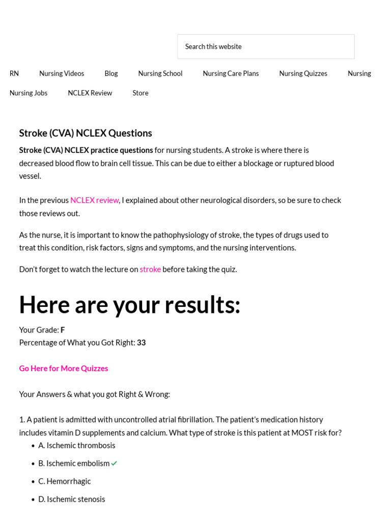Stroke (CVA) NCLEX Questions | PDF | Stroke | Thrombosis