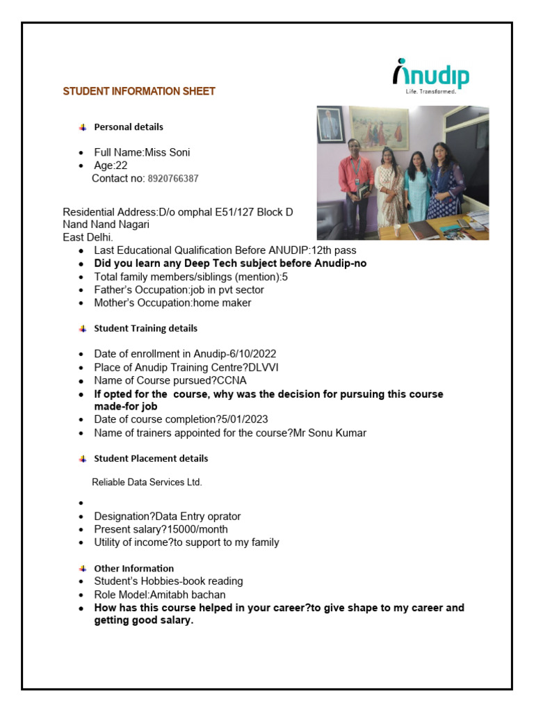 Personal Details: Student Information Sheet | PDF