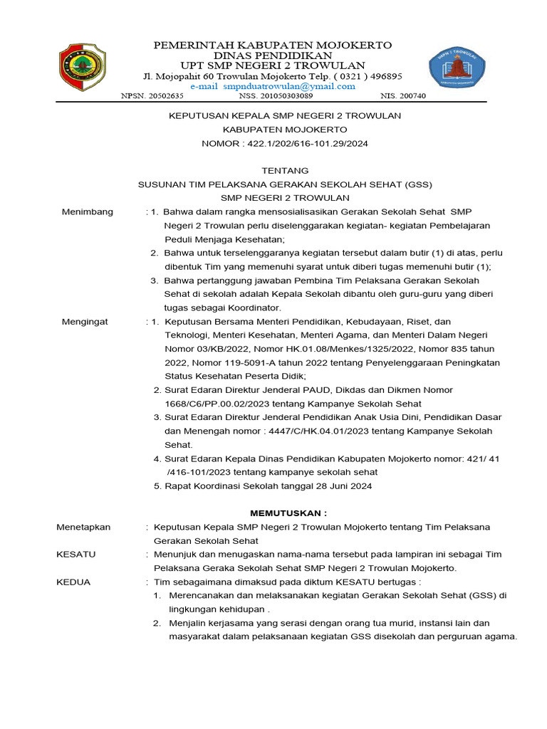 SK - Susunan Tim Pelaksana Gerakan Sekolah Sehat (GSS) | PDF
