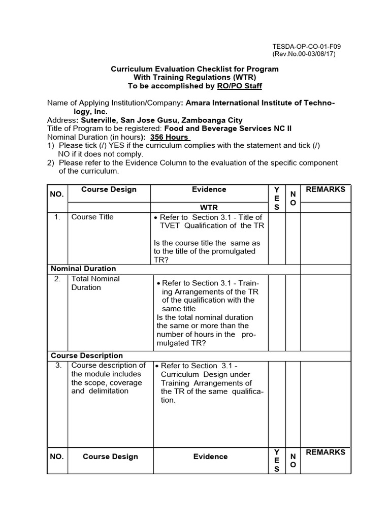 TESDA OP CO 01 F09(Curriculum Checklist) | Download Free PDF ...