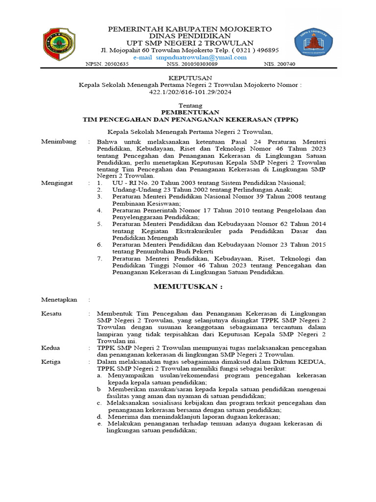 SK - Tim Pencegahan Dan Penanganan Kekerasan Di Lingkungan Satuan Pendidikan | PDF | Ilmu Sosial ...