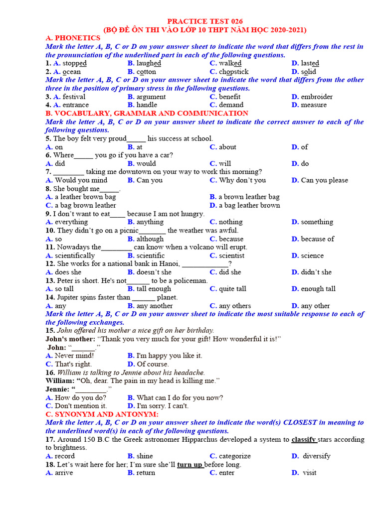Grade 10 English Practice Test 2020-2021 | PDF