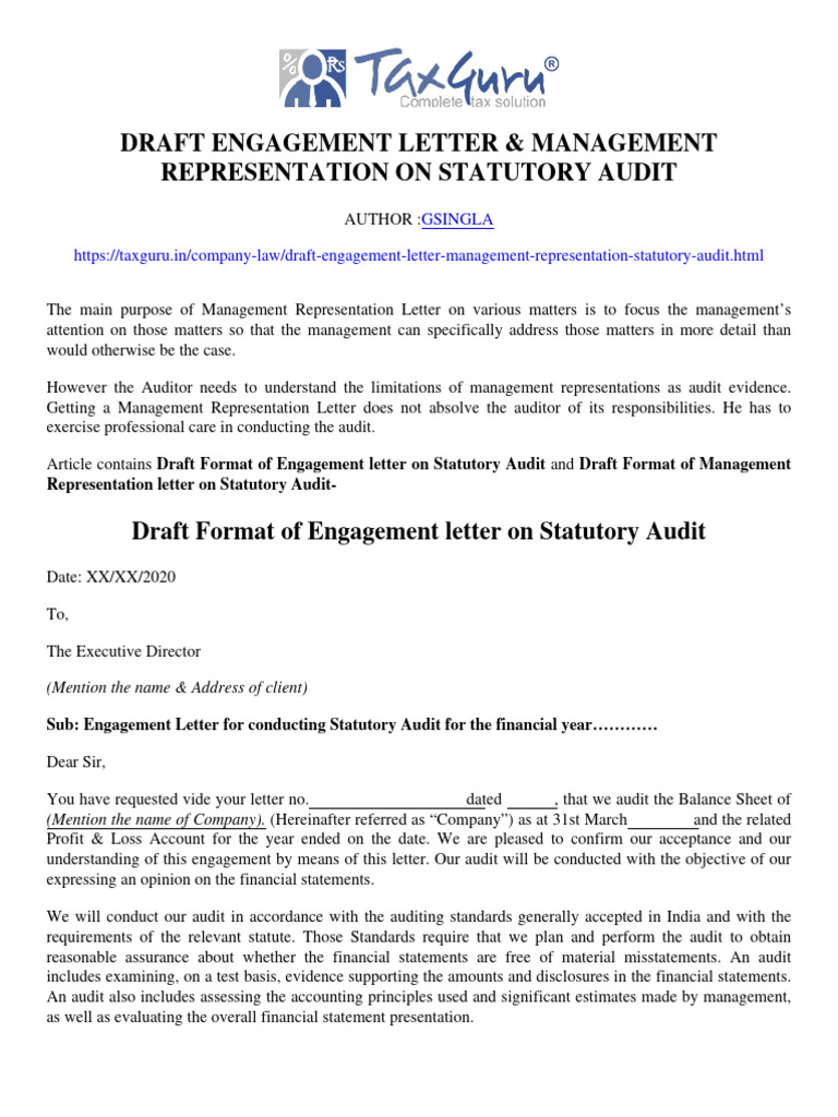 Draft Engagement Letter & Management Representation On Statutory Audit ...