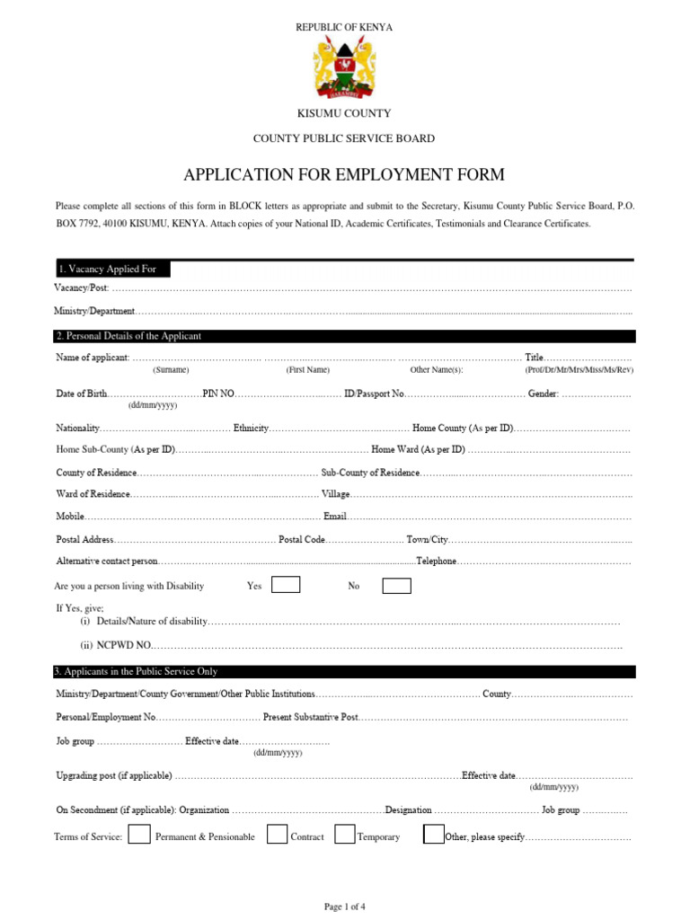 Kisumu County Employment Application Form | PDF