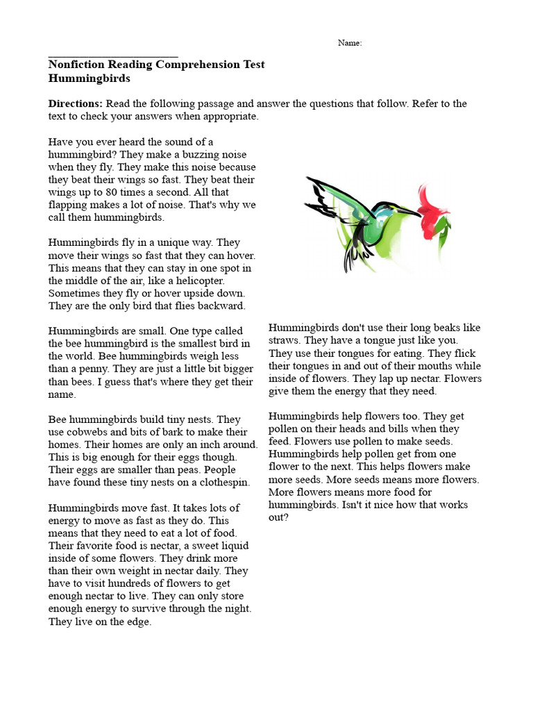 Nonfiction Reading Test Hummingbirds | PDF | Flowers | Bees