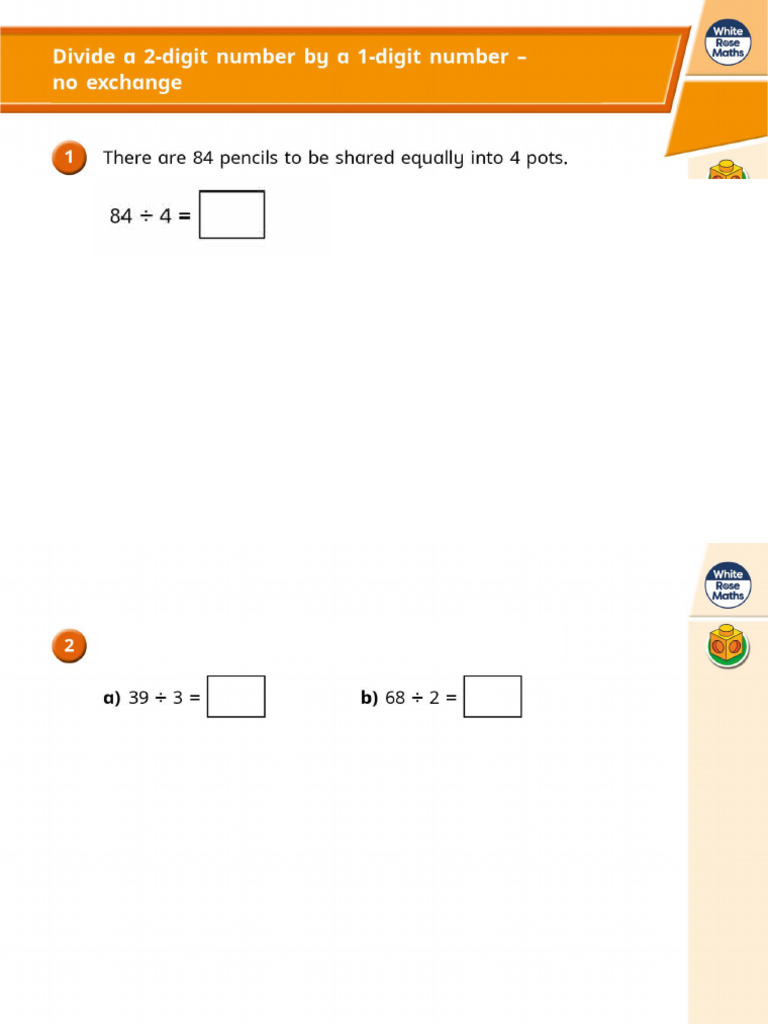 Divide a 2-Digit Number by a 1-Digit Number - No Exchange Task | PDF
