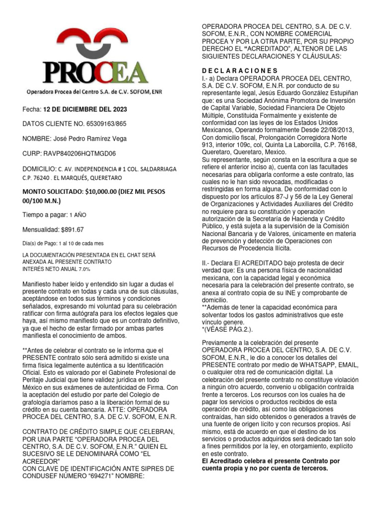 CONTRATO PROCEA José Pedro Ramírez Vega | PDF | Pagos | Crédito