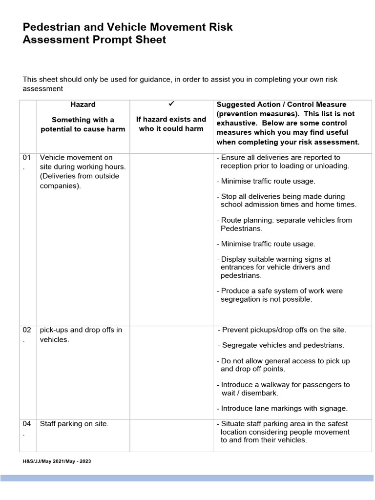 Pedestrian and Vehicle Movement Risk Assessment Prompt Sheet | PDF ...