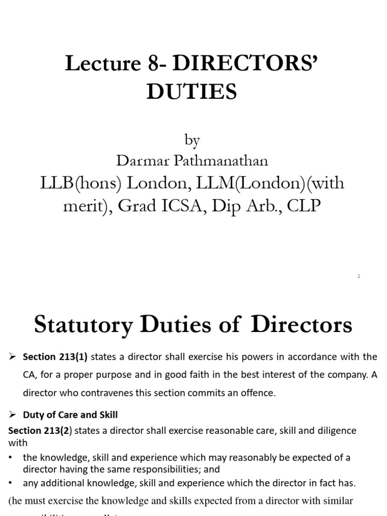 Lecture 8 - DIRECTORS DUTIES | PDF | Malaysia | Fiduciary