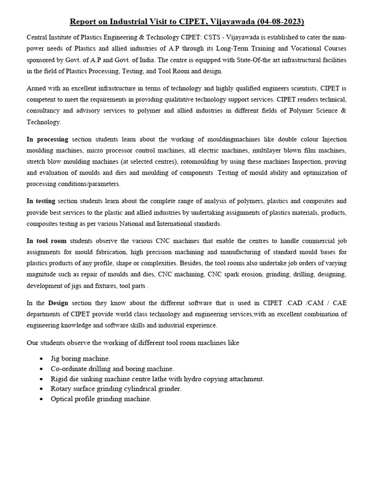 Industrial Visit Report: CIPET Vijayawada | PDF | Metalworking ...