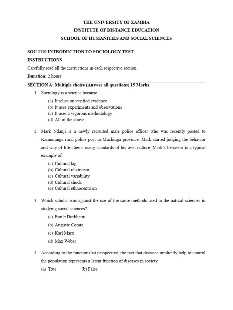 SOC 1110 Sociology Test Paper | PDF | Sociology | Deviance (Sociology)