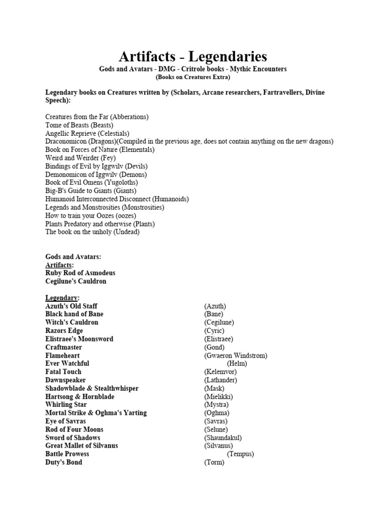 Legendary and Artifact Items | PDF | Dungeons & Dragons | Gary Gygax Games