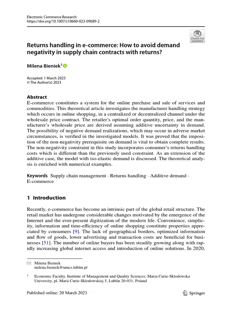 Returns Handling in E-Commerce - How To Avoid Demand Negativity in Supply Chain Contracts With ...