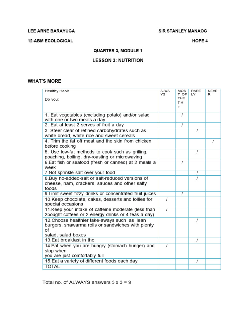 Barayuga - M1 - Lesson 3 | PDF | Foods | Healthy Diet