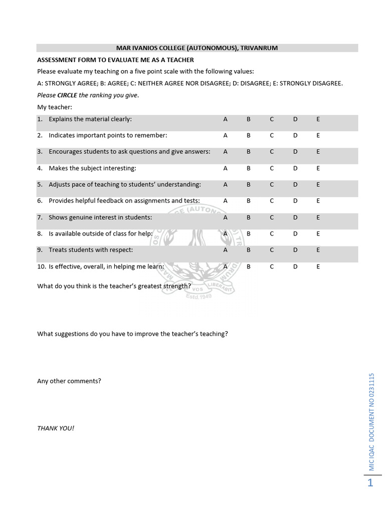 Assessment Form To Evaluate Me As A Teacher | PDF | Career & Growth ...