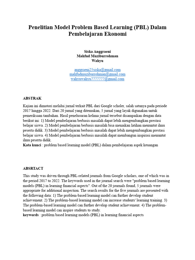 Penelitian Problem Based Learning (PBL) Model Dalam Pembelajaran Ekonomi | PDF