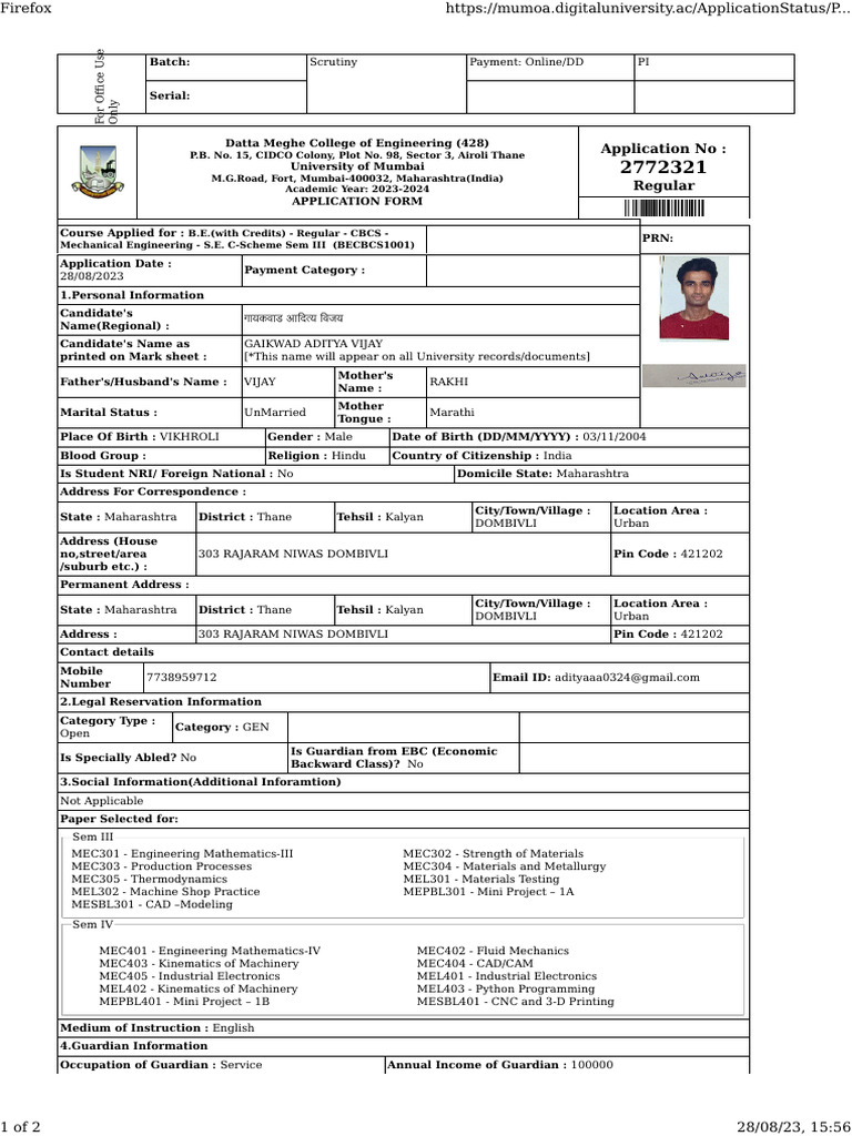 Aditya Gaikwad MU Form | PDF | Machines