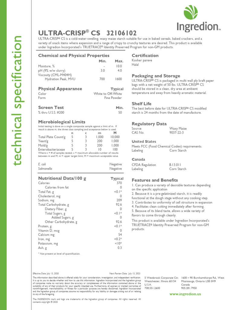 ULTRA CRISP CS 32106102 EN Technical Specification | PDF | Starch | Maize
