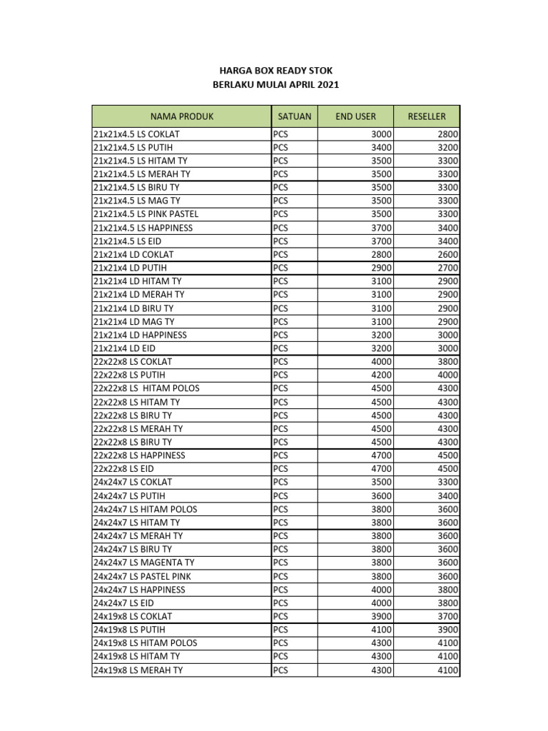 Contoh PRICE LIST BOX SAKA 2021 | PDF
