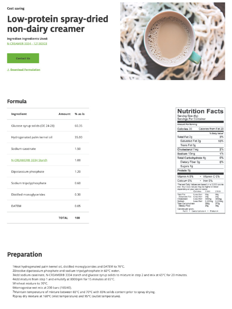 Low-Protein Spray-Dried Non-Dairy Creamer | PDF