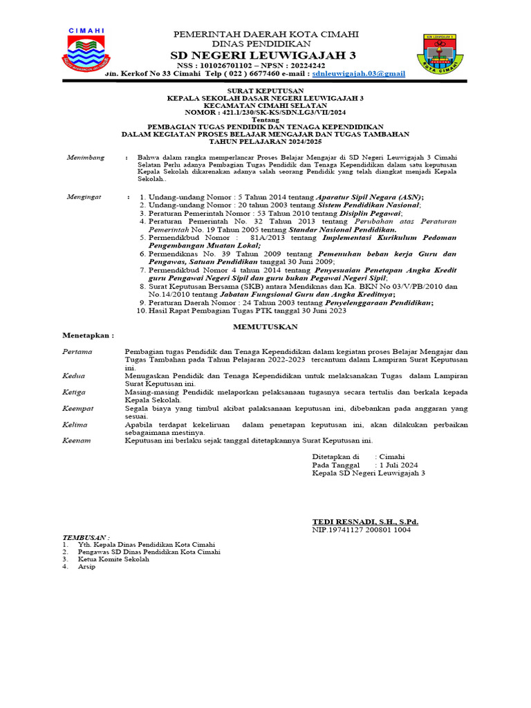 Cap Dan TTD Ks BLM) - SK Pembagian Tugas Mengajar 2024-2025 | PDF