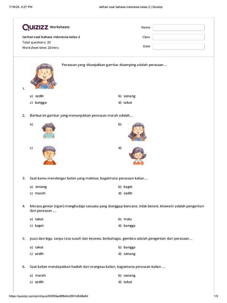 latihan soal bahasa indonesia kelas 2 _ mengenal perasaan | PDF