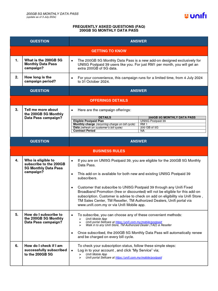 FAQ - 200GB 5G Monthly Data Pass | PDF | Subscription Business Model | Telecommunications