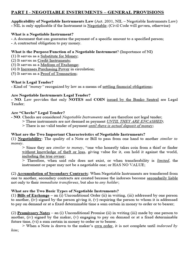 General Provisions Negotiability Notes For Class | PDF | Negotiable ...