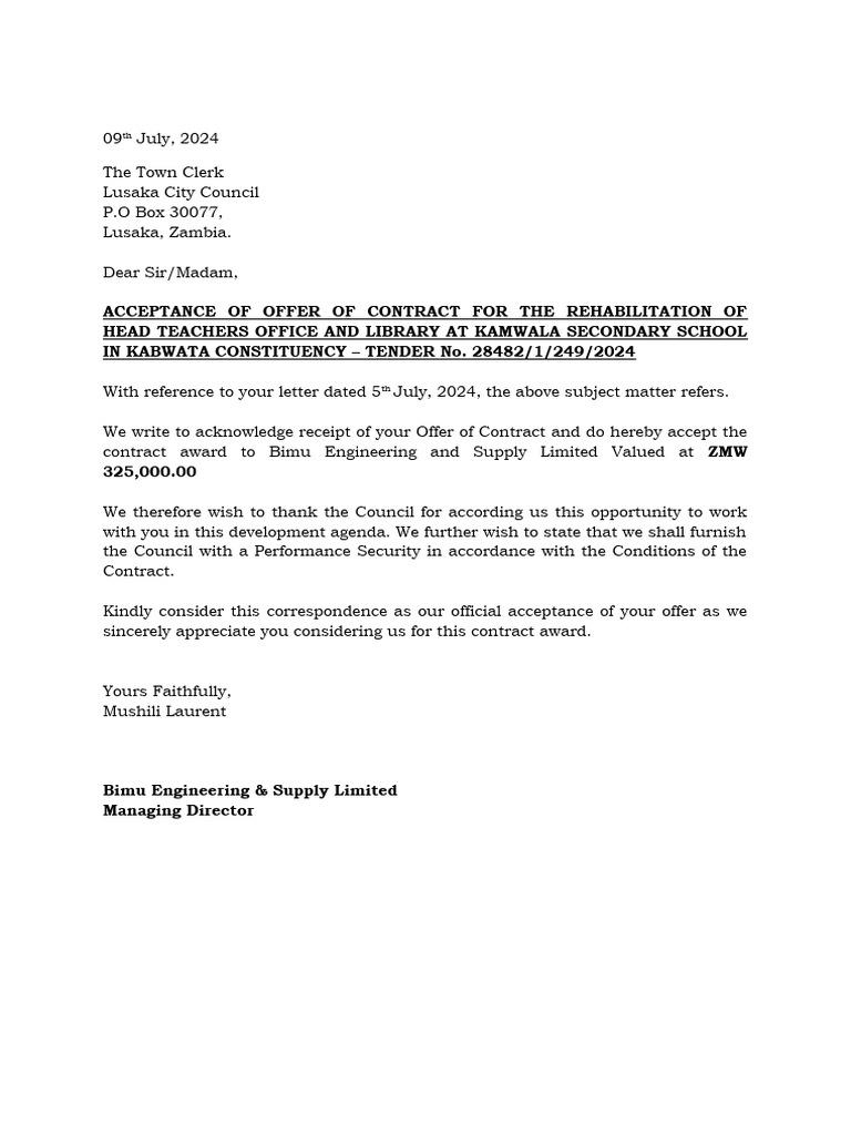Acceptance of Tender Award for School | PDF