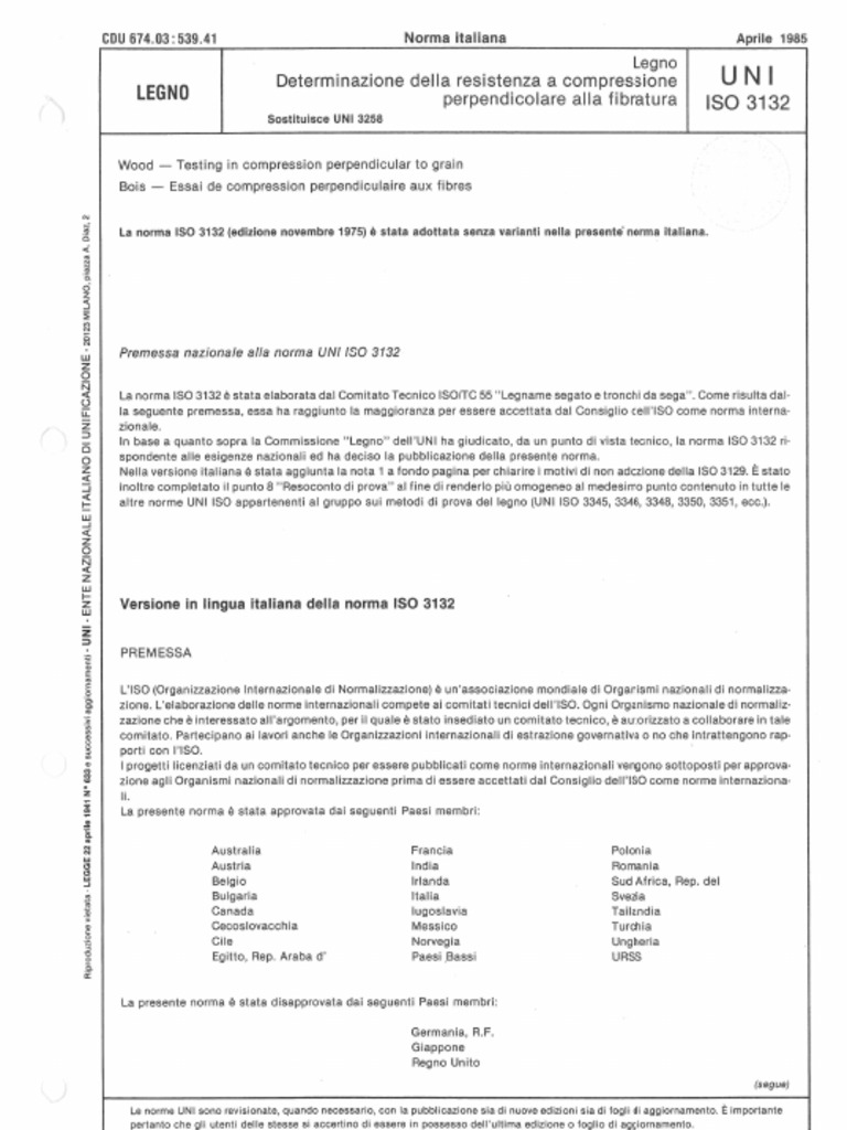 UNI ISO 3132 - 1985 - Legno. Compressione Perpendicolare Fibratura | PDF