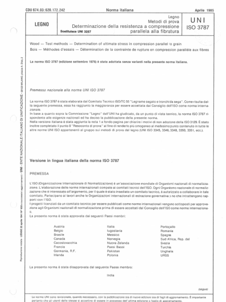 UNI ISO 3787 - 1985 - Legno. Compressione Parallela Fibratura | PDF