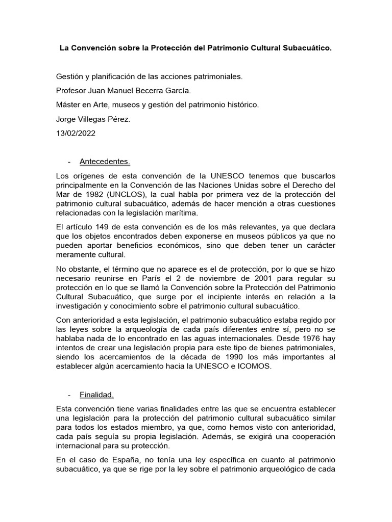 Análisis de La Convención Sobre La Protección Del Patrimonio Cultural Subacuático | PDF ...