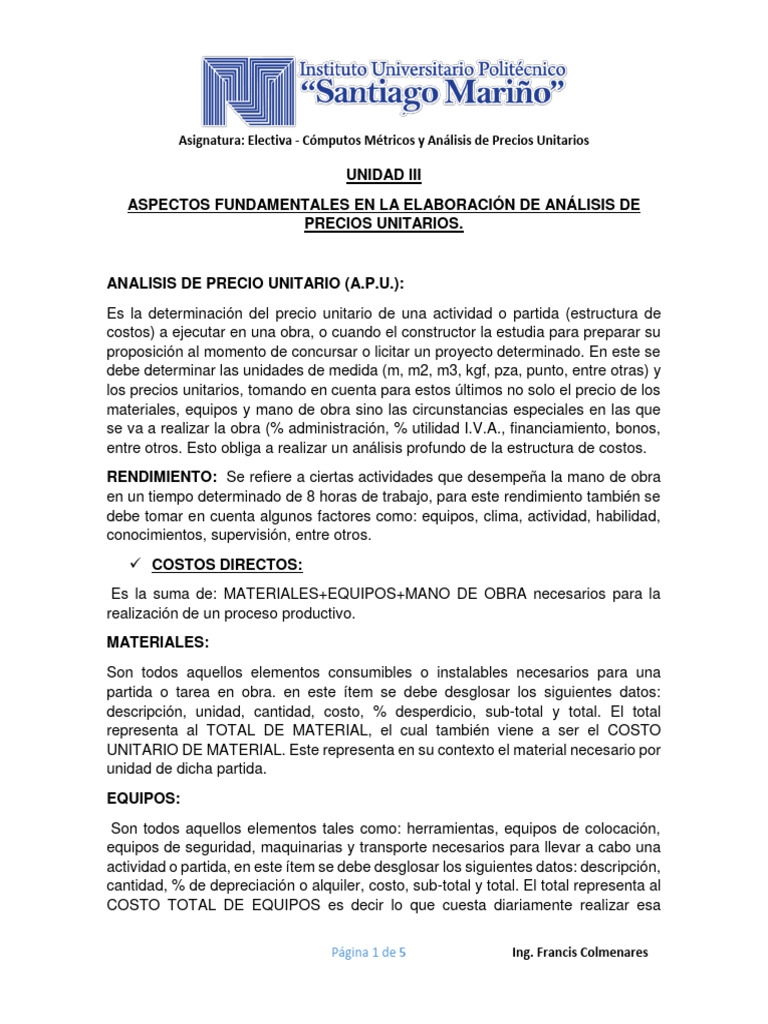 UNIDAD III Guia de APU | PDF | Costo | Salario UNIDAD III Guia de APU | PDF | Costo | Salario