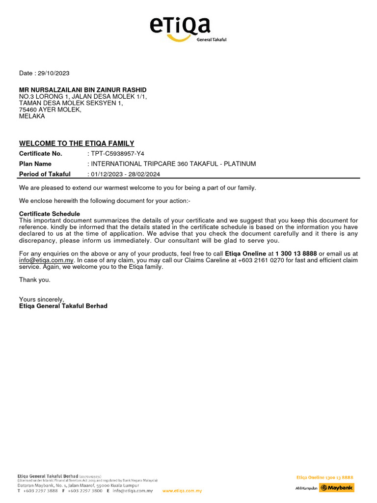 Travel 360 Etiqa - Cover Note | PDF | Asia