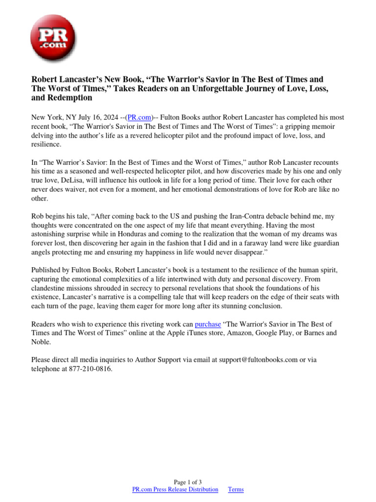 Robert Lancaster's New Book, "The Warrior's Savior in The Best of Times and The Worst of Times ...