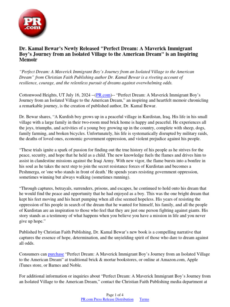 Dr. Kamal Bewar's Newly Released "Perfect Dream: A Maverick Immigrant ...